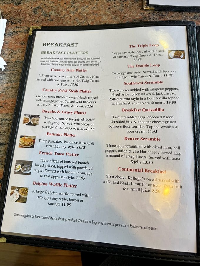 The breakfast menu reads like poetry to hungry people—each "platter" promising a symphony of comfort that your grandmother would approve of.