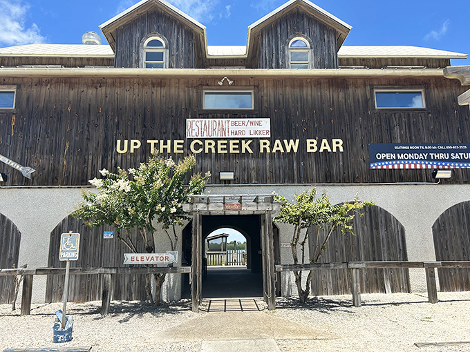 Up The Creek Raw Bar isn't just a clever name—it's a weathered wooden testament to the town's seafood legacy. Oyster heaven awaits inside!