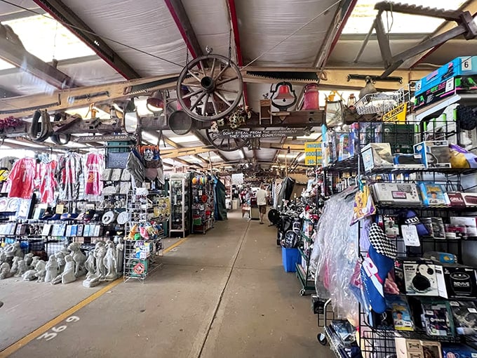 Sensory overload in the best possible way! Wagon wheels hang from the ceiling while pathways lead through a labyrinth of potential discoveries.