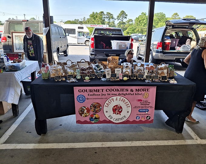 Sweet temptation in cookie form! This vendor's display proves that "endless joy in one delightful bite" isn't just clever marketing—it's a promise.