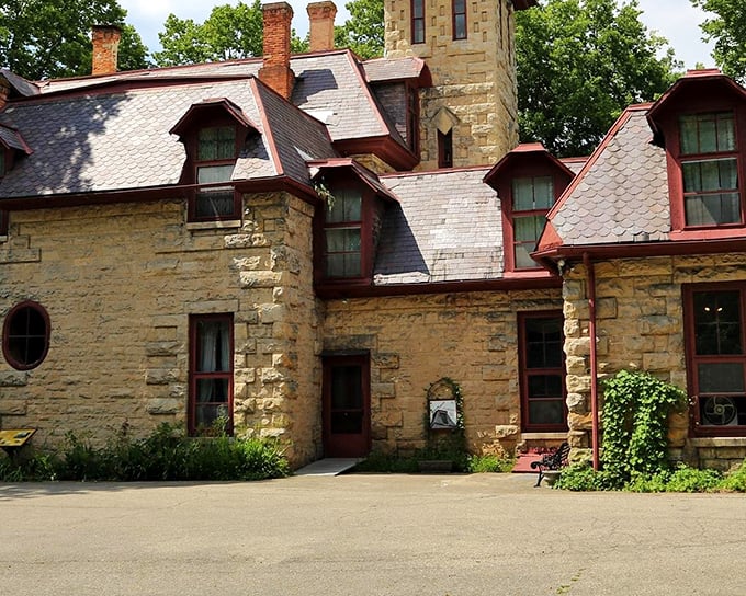 The castle's unique architectural blend of European inspiration and American craftsmanship creates a silhouette that stands out dramatically against the Ohio sky.