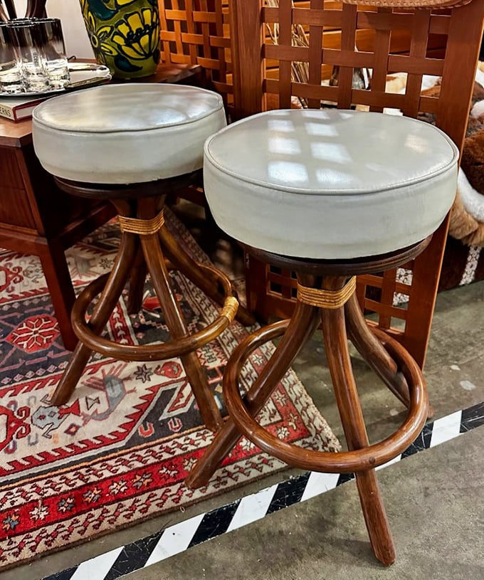 These mid-century bar stools aren't just seating—they're time machines to cocktail hours past, when conversation flowed as smoothly as the martinis.
