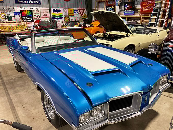 Detroit's finest moments, preserved in chrome and candy-colored paint. That blue convertible isn't just a car—it's freedom on wheels.
