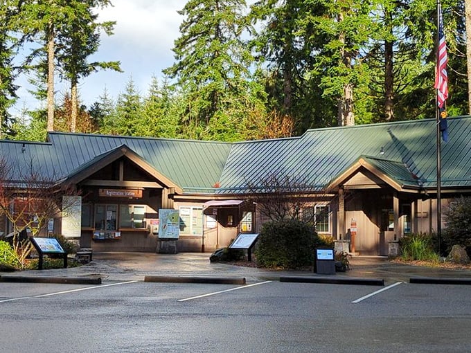 The visitor center blends perfectly into its surroundings, like it grew from the forest floor. Mother Nature's concierge desk awaits.