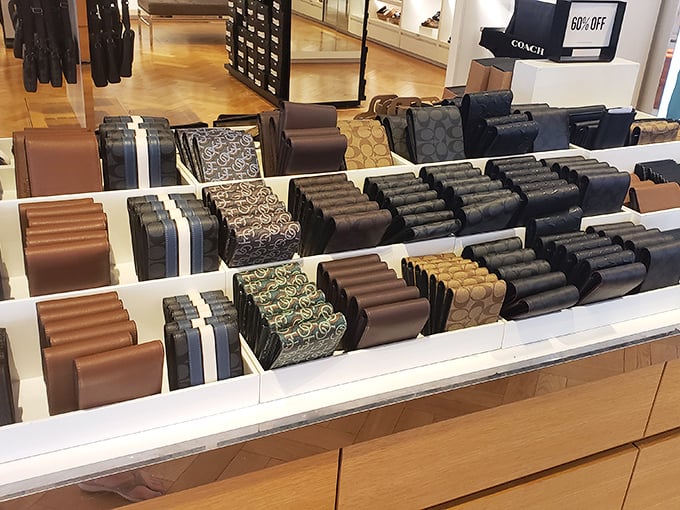 Coach wallets arranged with military precision—a leather goods battalion ready to march into your life and organize those crumpled receipts from your shopping conquests.