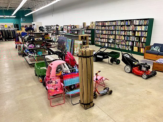 Where one person's castoffs become another's treasures—lawn mowers, children's wagons, and bookshelves create a playground for the practical bargain hunter.