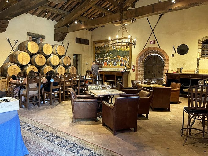 Wine tasting with a medieval twist. Oak barrels line the walls while visitors enjoy Italian varieties in a room that whispers centuries-old secrets.