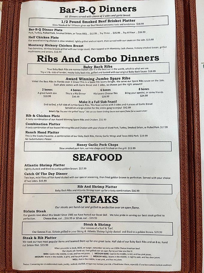 A menu that reads like poetry to meat lovers. Each line represents hours of smoking, decades of tradition, and seconds until your mouth waters.