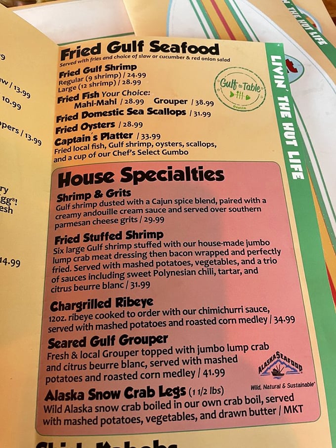 The menu reads like a love letter to the Gulf – fried, grilled, blackened, or seared, the ocean's bounty awaits your decision.