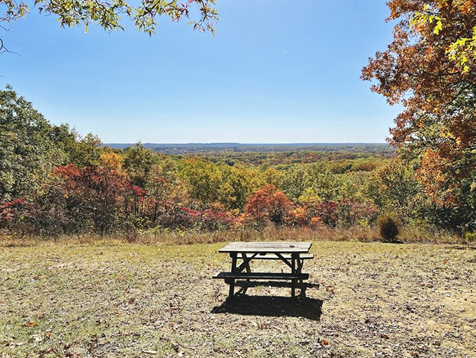 That lone picnic table isn't just furniture – it's front-row seating to Indiana's most spectacular panoramic show. Lunch with a view!