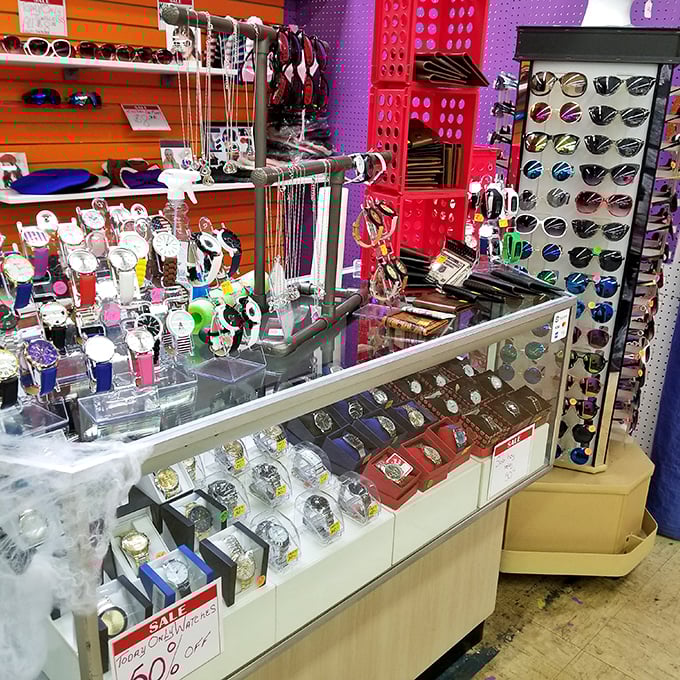 A kaleidoscope of watches, sunglasses, and accessories awaits the discerning shopper. Time literally stands still in this colorful display.