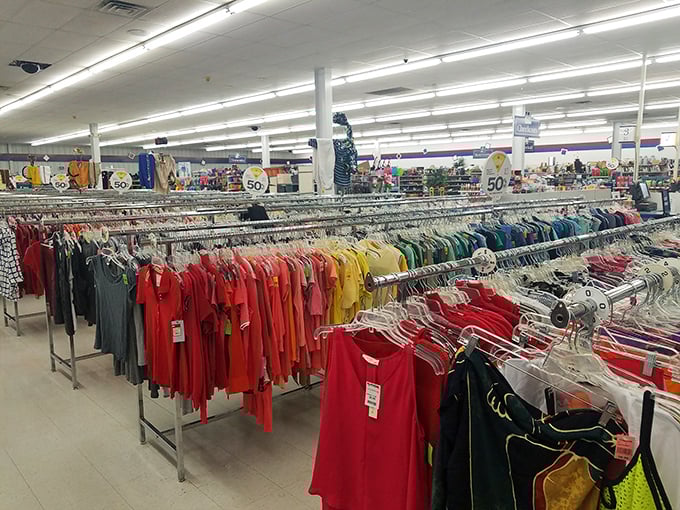The clothing section's rainbow organization system proves that even secondhand shopping can be a feast for the eyes.