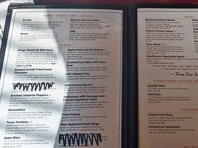 This menu reads like a love letter to American barbecue with Cajun flair. "Gator Bites" and "Texas Twinkies" aren't just food—they're conversation starters.