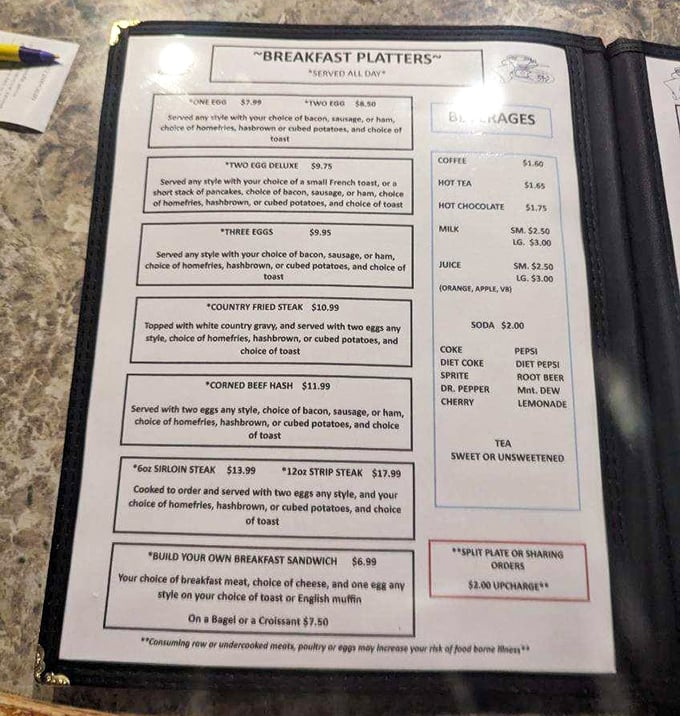 This isn't just a menu – it's a roadmap to happiness. The breakfast platters section alone could solve most of life's pressing problems.