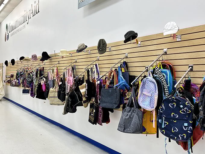The wall of bags and backpacks – like a yearbook of everyone's organizational dreams hanging in perfect harmony.