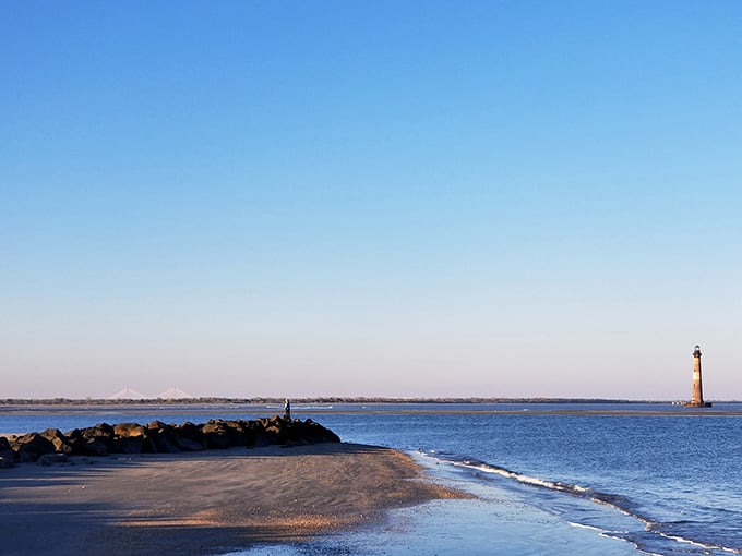 Where land meets legend – Morris Island Lighthouse stands sentinel in the distance, a stoic reminder of maritime history.
