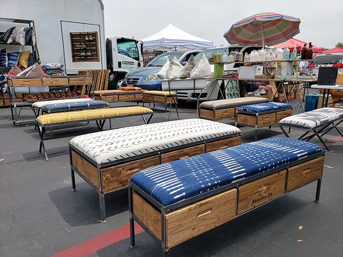 Modern meets vintage in these artfully displayed benches—proof that yesterday's discards become today's must-have design statements with just the right upholstery.