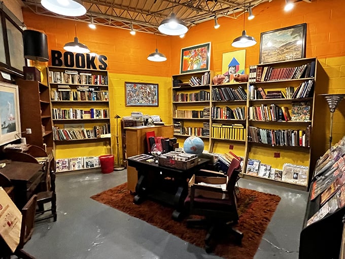 The vibrant orange book nook isn't just eye-catching – it's a literary time machine where forgotten bestsellers and vintage encyclopedias find new admirers.