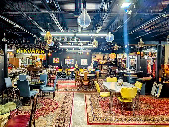 Step into the Nirvana section where mid-century meets modern cool. Those yellow chairs aren't just furniture; they're time machines to cocktail parties of decades past.