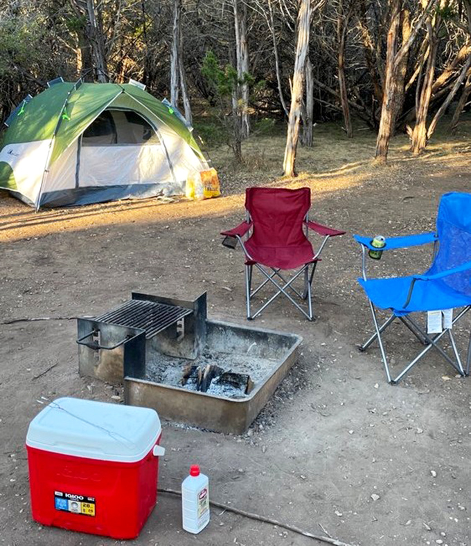 Camping nirvana: where a tent, two chairs, and a cooler transform into a five-star accommodation under the Texas stars.