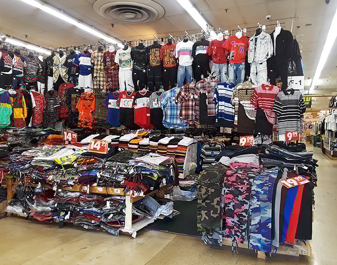 Fashion democracy in action—where every style, pattern, and color gets equal representation. The clothing section offers everything from streetwear to Sunday best.