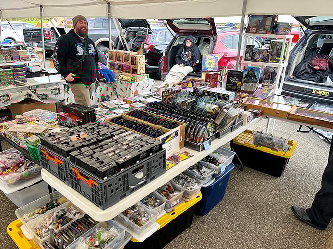 Vintage collectibles await new homes, with vendors displaying everything from action figures to trading cards. One person's childhood memories become another's collection centerpiece.