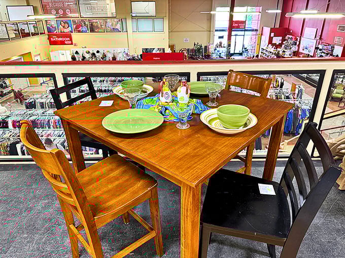 Not just any dining set—this solid wood table with green dishware could be the star of your next dinner party for less than dessert costs elsewhere.
