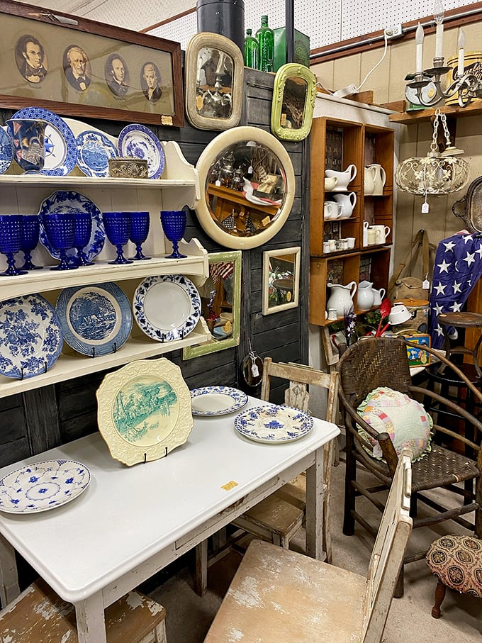 Blue and white china displays create a porcelain timeline of American dining history – each plate a circular canvas of bygone artistry.