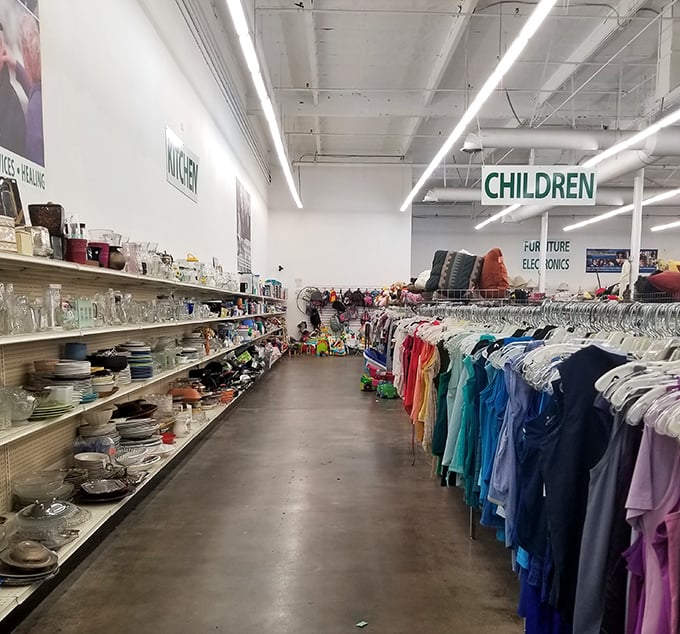 Organization is king here—kitchenware meets children's clothes in a pristine layout that makes department stores look chaotic by comparison.