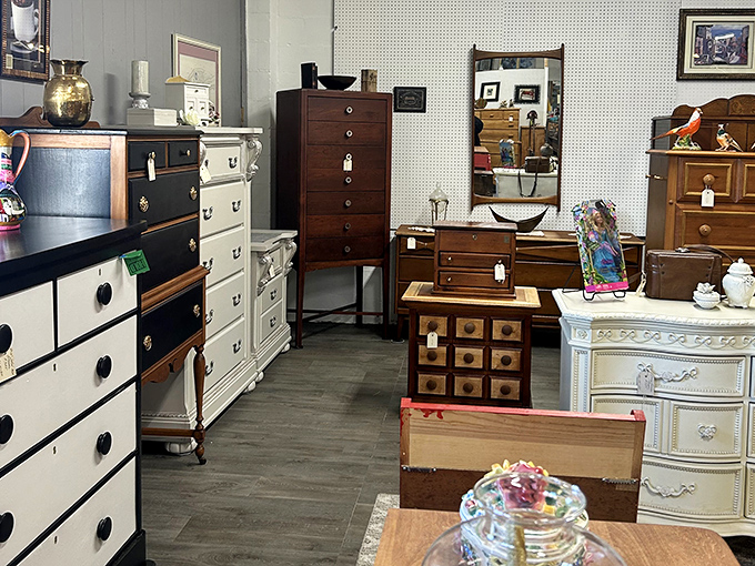 Furniture heaven for the indecisive decorator—white provincial meets dark mahogany in a showroom that makes your Pinterest board look unambitious.