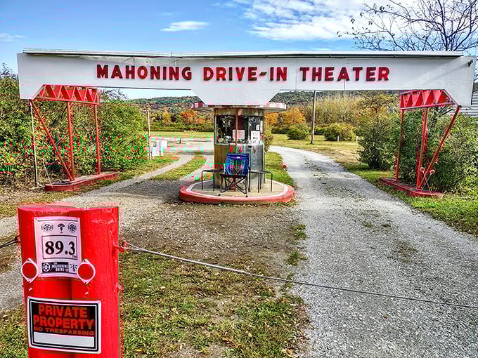 Entering the Mahoning feels like stepping through a time portal – complete with vintage ticket booth and nostalgic signage.