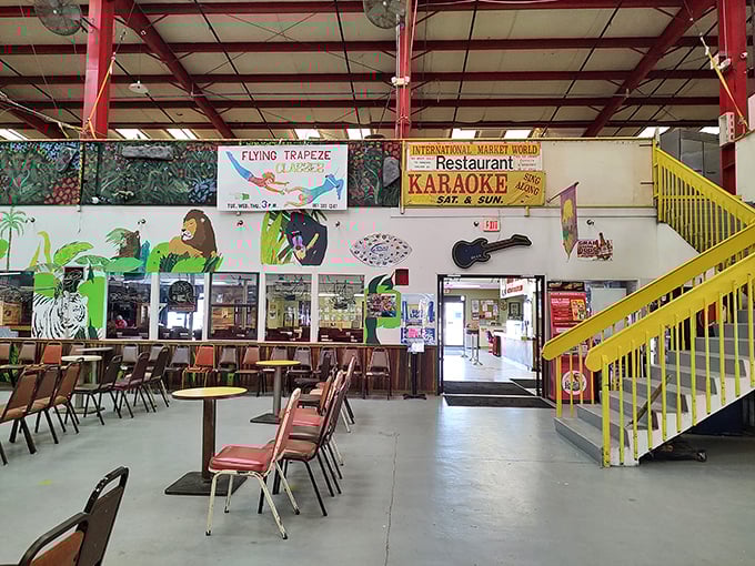 Entertainment central! Walking this aisle feels like stepping into a vibrant hub where karaoke, trapeze, and tasty bites promise a weekend to remember.