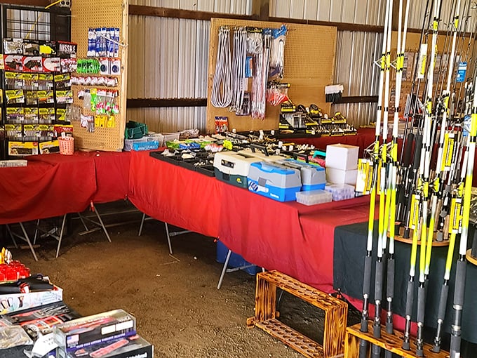 The fishing section isn't just selling gear—it's selling dreams of early mornings on the lake and "the one that didn't get away" stories.