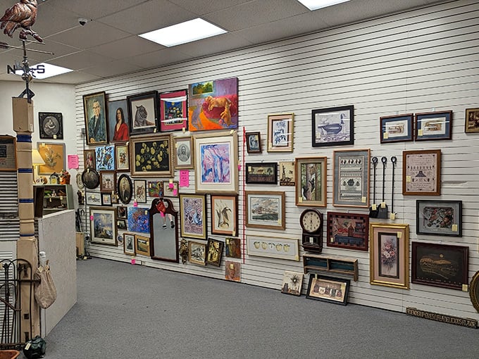 Wall-to-wall memories! This gallery of framed treasures offers everything from dignified portraits to whimsical landscapes – someone's past waiting to become your future decor.