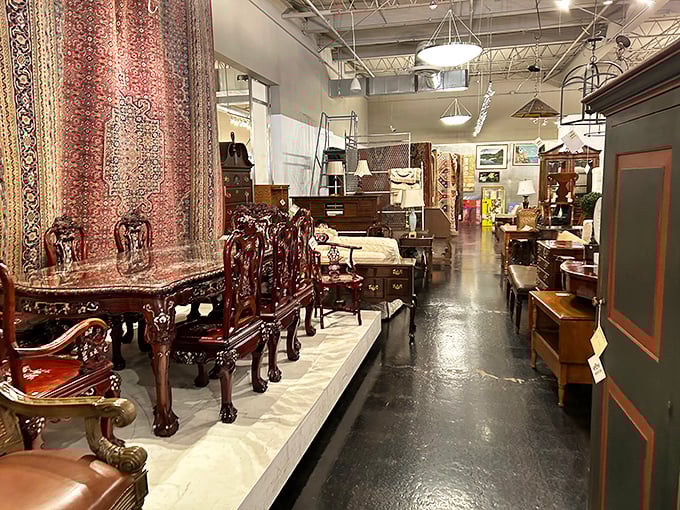 That mahogany dining set isn't just furniture—it's a time machine to elegant dinner parties of yesteryear, complete with phantom champagne toasts.