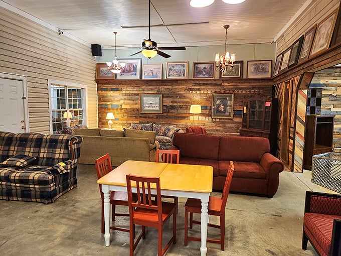 This isn't just furniture—it's a living room waiting to tell new stories. Plaid meets practicality in this cozy arrangement of sofas and dining sets.
