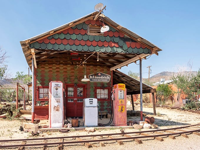 Not your average gas station! This colorful relic with its vintage pumps isn't serving fuel anymore, but it's pumping pure nostalgia by the gallon.