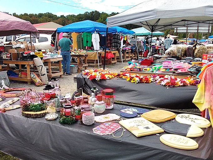 A kaleidoscope of colors and crafts awaits, where seasonal decorations and handmade treasures compete for your attention and wallet.