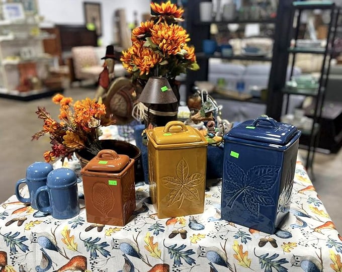 Colorful ceramic canisters stand ready to organize a kitchen while adding personality—yesterday's treasures becoming tomorrow's conversation pieces.