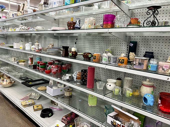 The glassware section gleams under fluorescent lights like a museum of everyday Americana, where your grandmother's favorite candy dish awaits rediscovery.