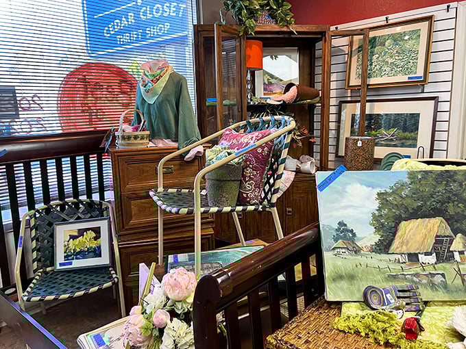 Every corner tells a story—vintage chairs, framed landscapes, and decorative flourishes create little vignettes of possibility throughout the store.