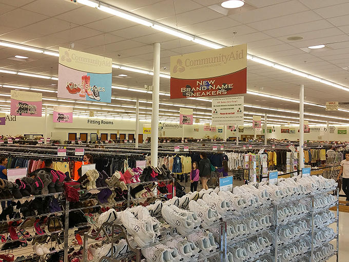 Organized chaos at its finest—rows upon rows of potential wardrobe revolutions await, all under bright lights that hide nothing and reveal everything.
