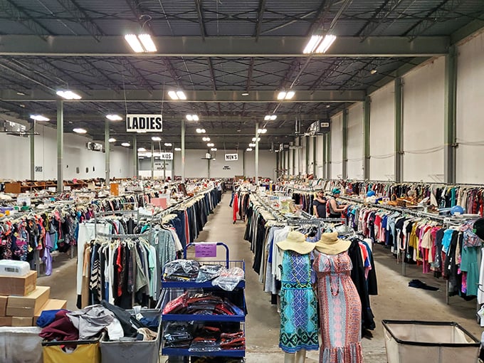 The sign says it all—this isn't just shopping, it's wholesale treasure hunting where your dollar stretches like a yoga instructor.