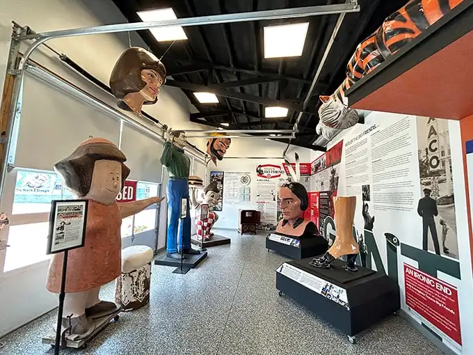 Step inside to discover a wonderland of fiberglass history, where disembodied heads and towering figures tell the quirky story of America's roadside giants.