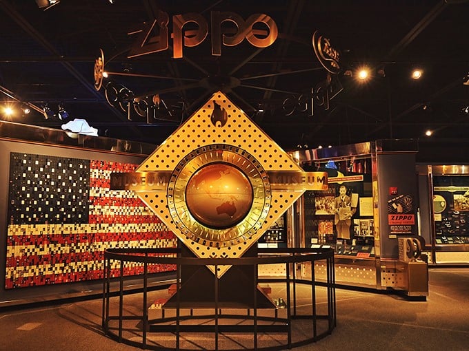 Step inside and the first thing that greets you? An American flag made entirely of Zippo lighters—patriotism and craftsmanship clicking together in perfect harmony.