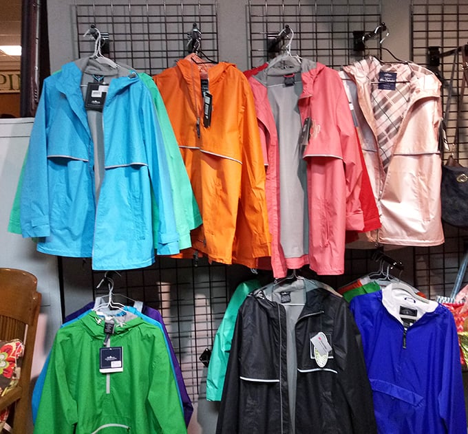 A rainbow of raincoats stands ready for Tennessee's famously fickle weather – practical finds mingling with vintage treasures in this delightful hodgepodge of old and new.