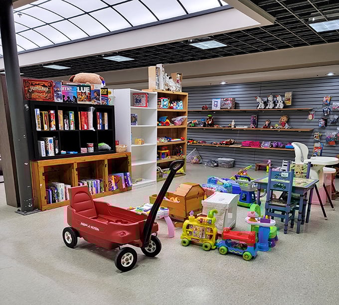 A red Radio Flyer wagon anchors a toy section where board games still have all their pieces—a miracle rivaling the loaves and fishes.