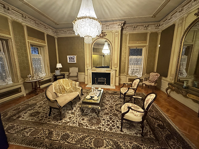 The ladies' reception room whispers of elegant soirées past, where crystal chandeliers and gilded mirrors reflected society's finest in their Sunday best.