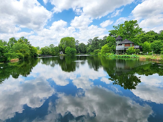 Mirror, mirror on the pond—who's the fairest garden around? The sky and trees engage in a perfect duet of reflection.