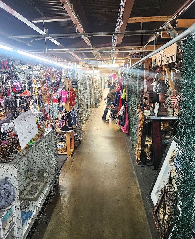 Narrow pathways between vendor stalls create an intimate treasure hunt experience—like exploring the back alleys of a retail Narnia.